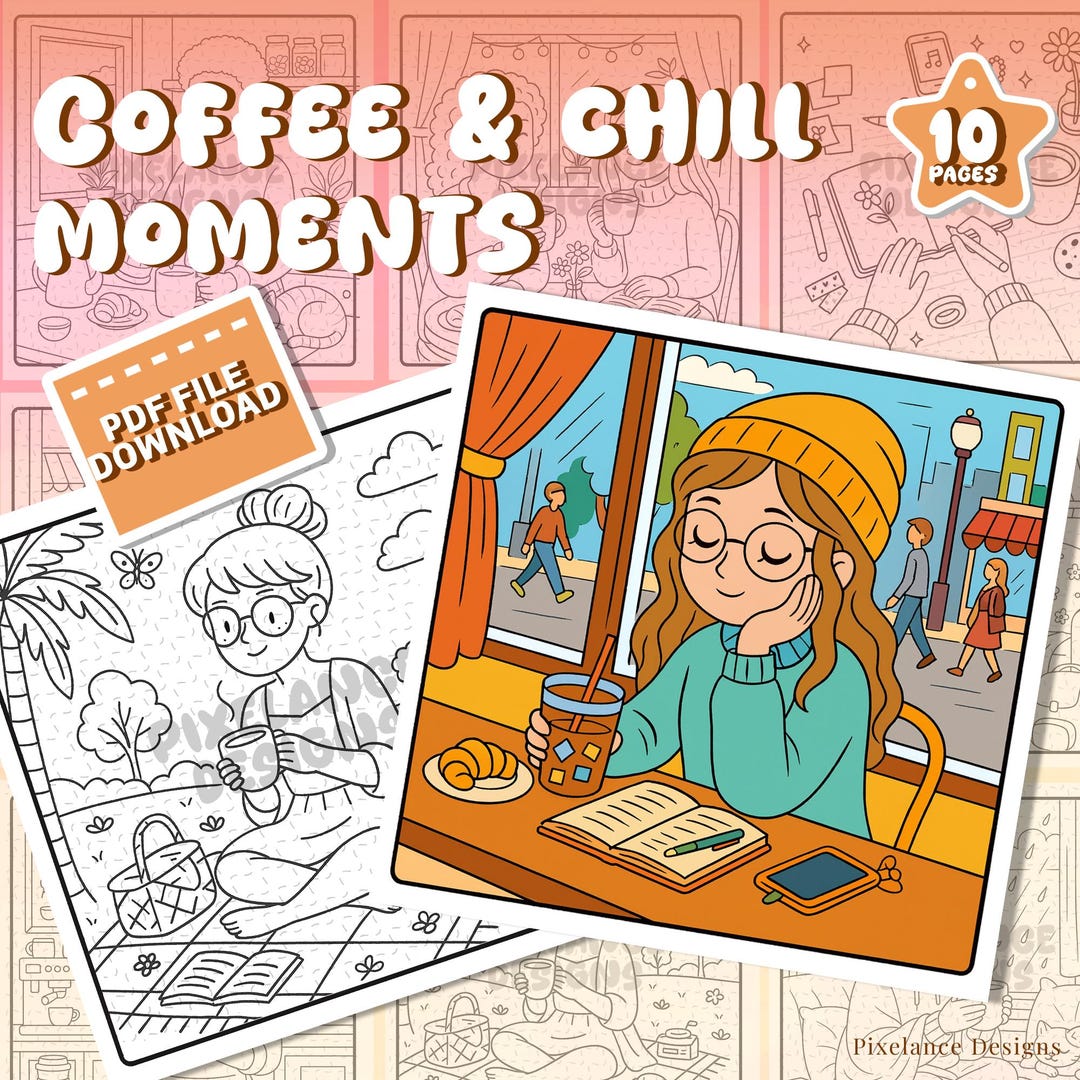 Cozy Coffee & Chill Moments Coloring Pages | 10 Cozy Café Scenes ...