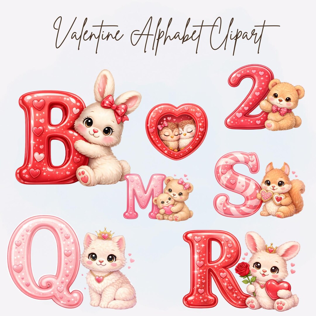 Valentine Alphabet Clipart | Kawaii Animal Heart Letters (PNG Digital ...