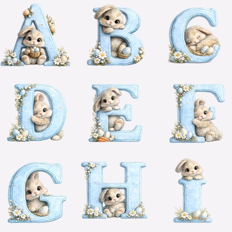 Bunny Alphabet Clipart | Blue Easter Nursery Letters (PNG Bundle ...