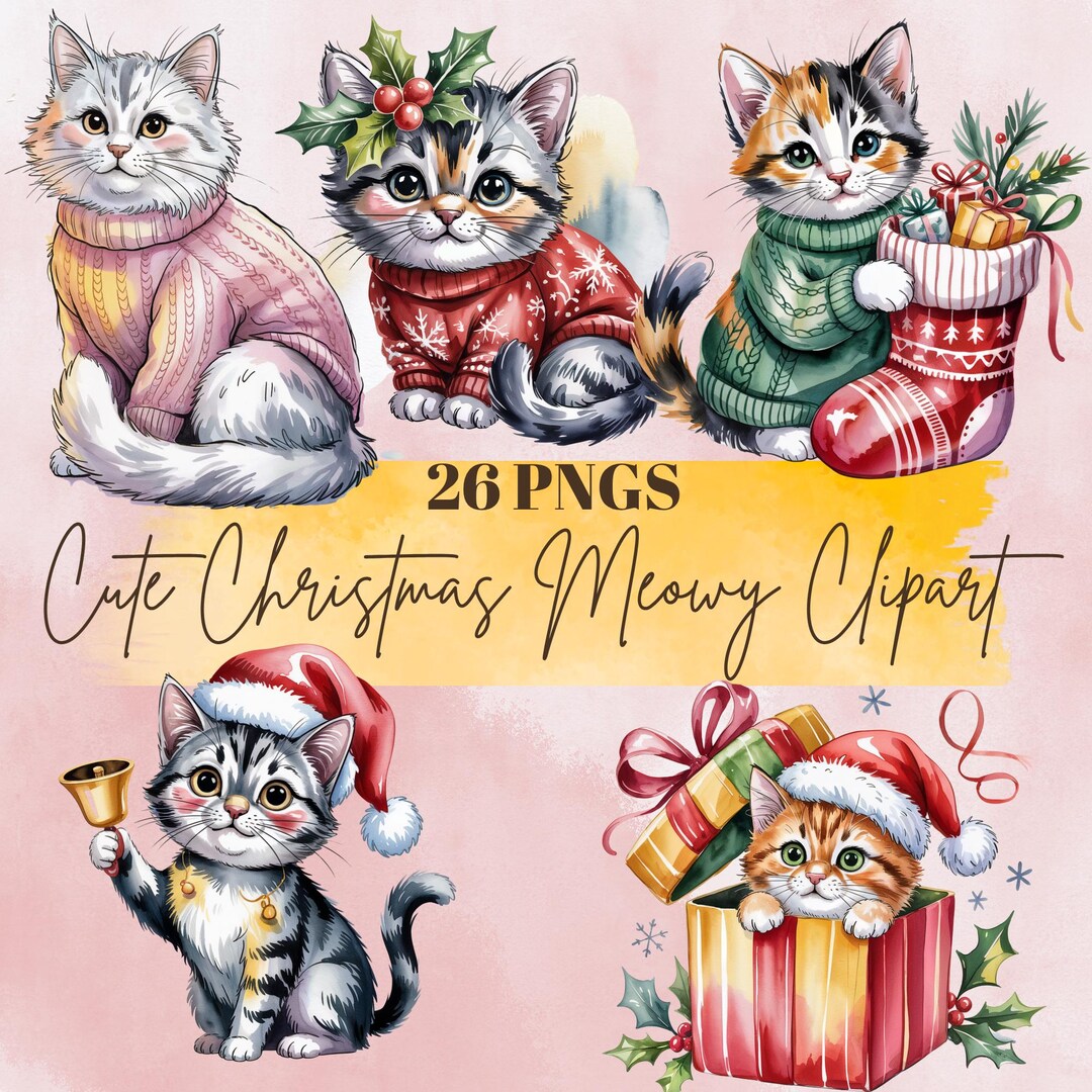 Christmas Meowy Clipart: 26 Watercolor Holiday Kitties PNG (digital ...