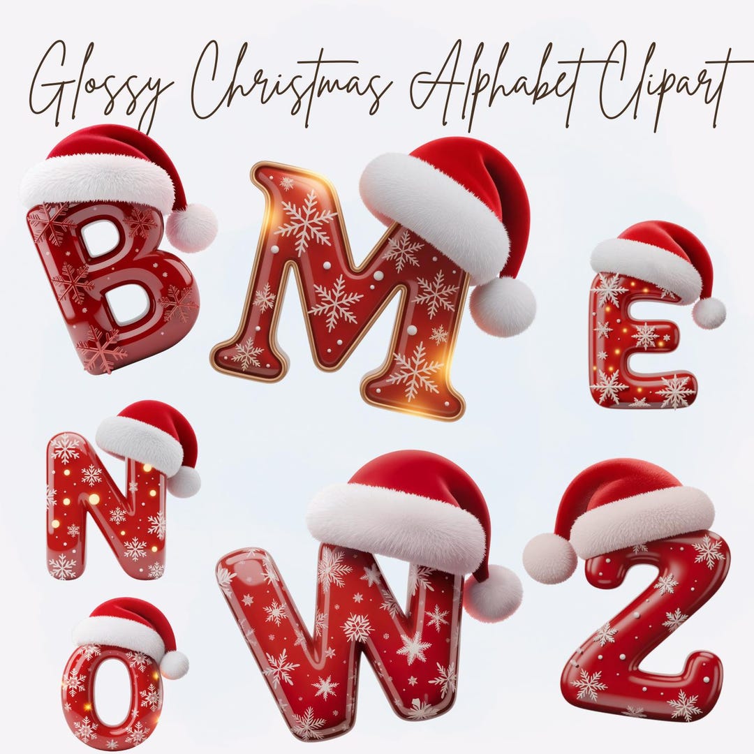 Glossy Christmas Alphabet Clipart | Red Santa Hat Letters PNG (digital ...