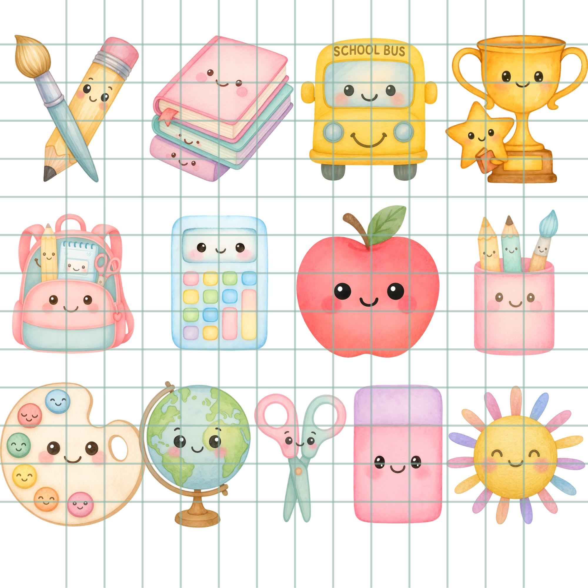 Watercolor Kawaii School Clipart | Pastel Classroom PNG Set - Etsy