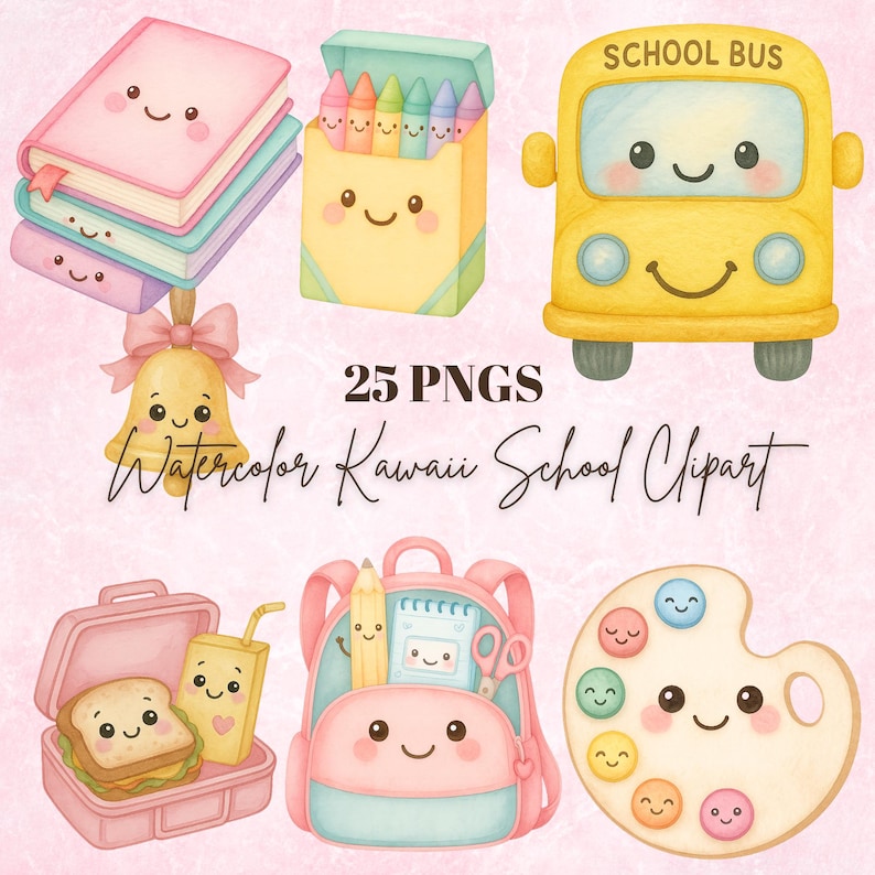 Watercolor Kawaii School Clipart | Pastel Classroom PNG Set - Etsy