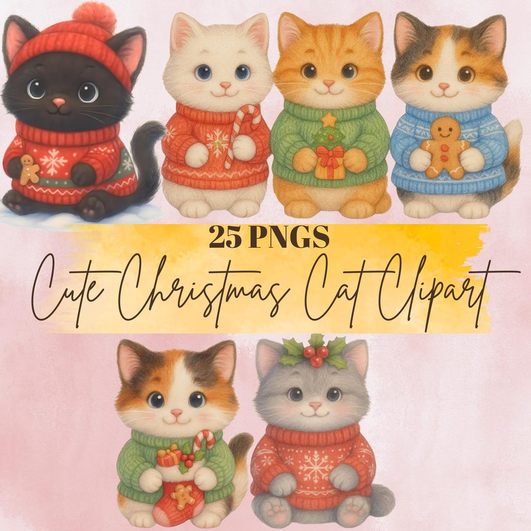 Christmas Cat Clipart: 25 Watercolor Holiday Kitties PNG (digital ...