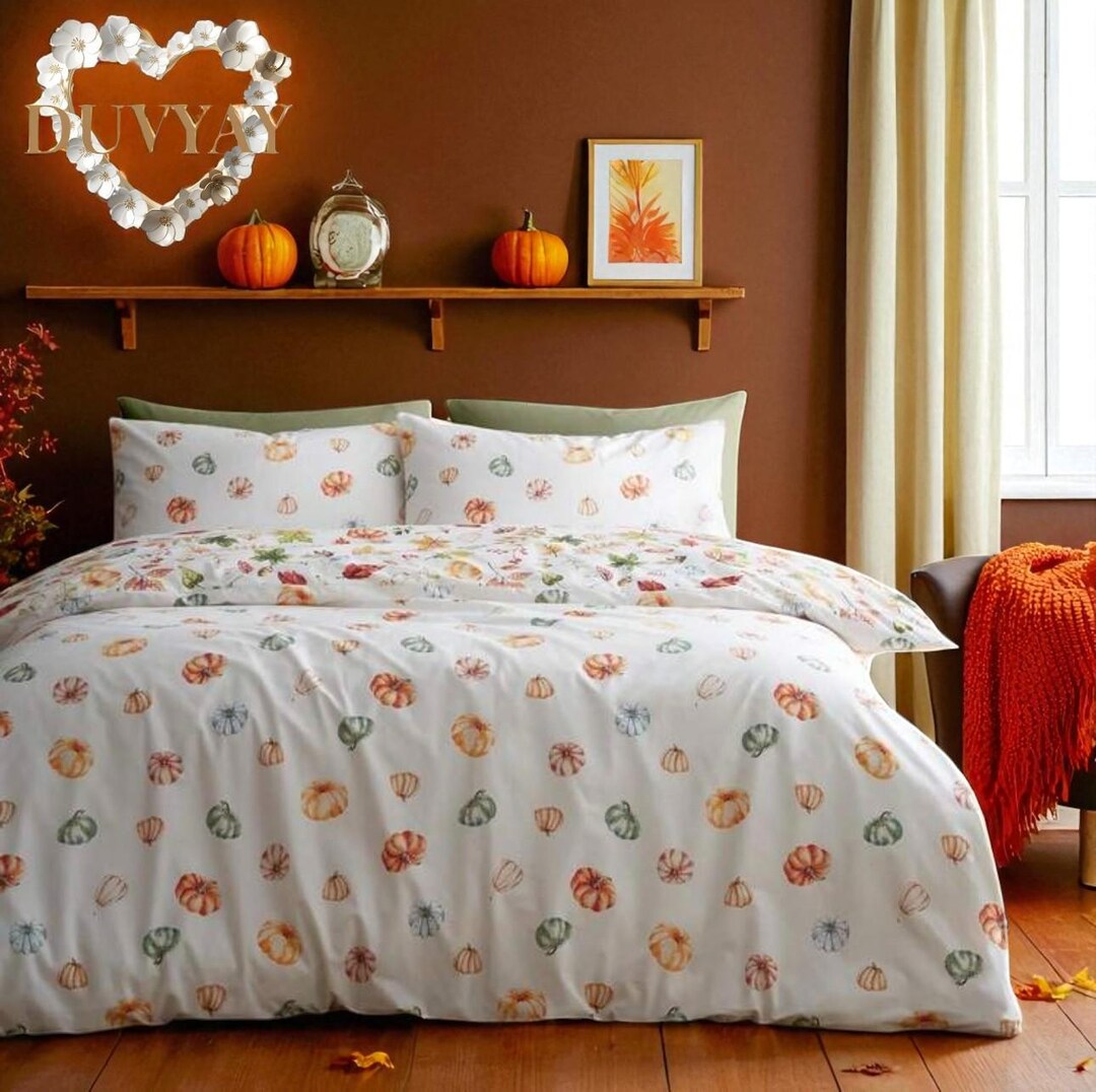 Reversible Autumn Floral Duvet Cover Set: Nordic Pumpkin Bedding - Etsy