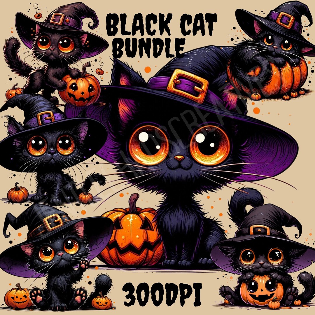 Black Cat Halloween Clipart Bundle | Cute Witch Cat Pngs With Pumpkins ...