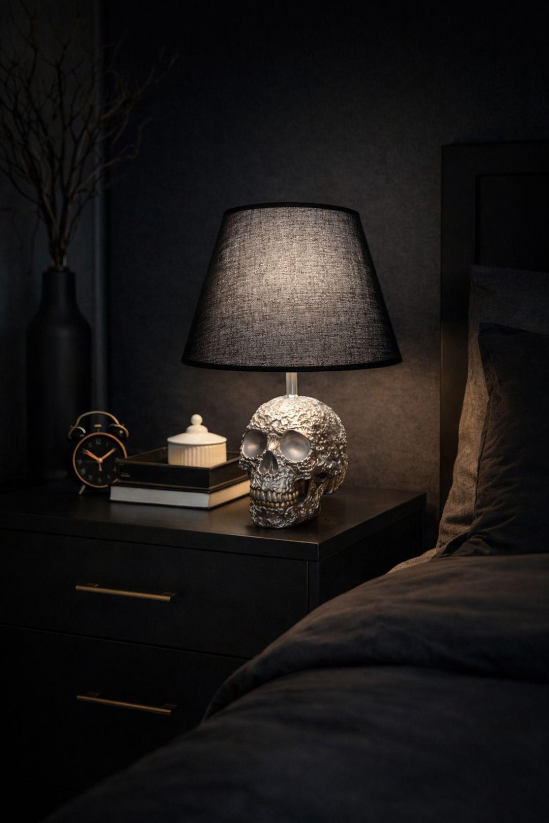 Skull Table Lamp, Gothic Bedside Lamp With Black Shade, Dark Home Decor ...