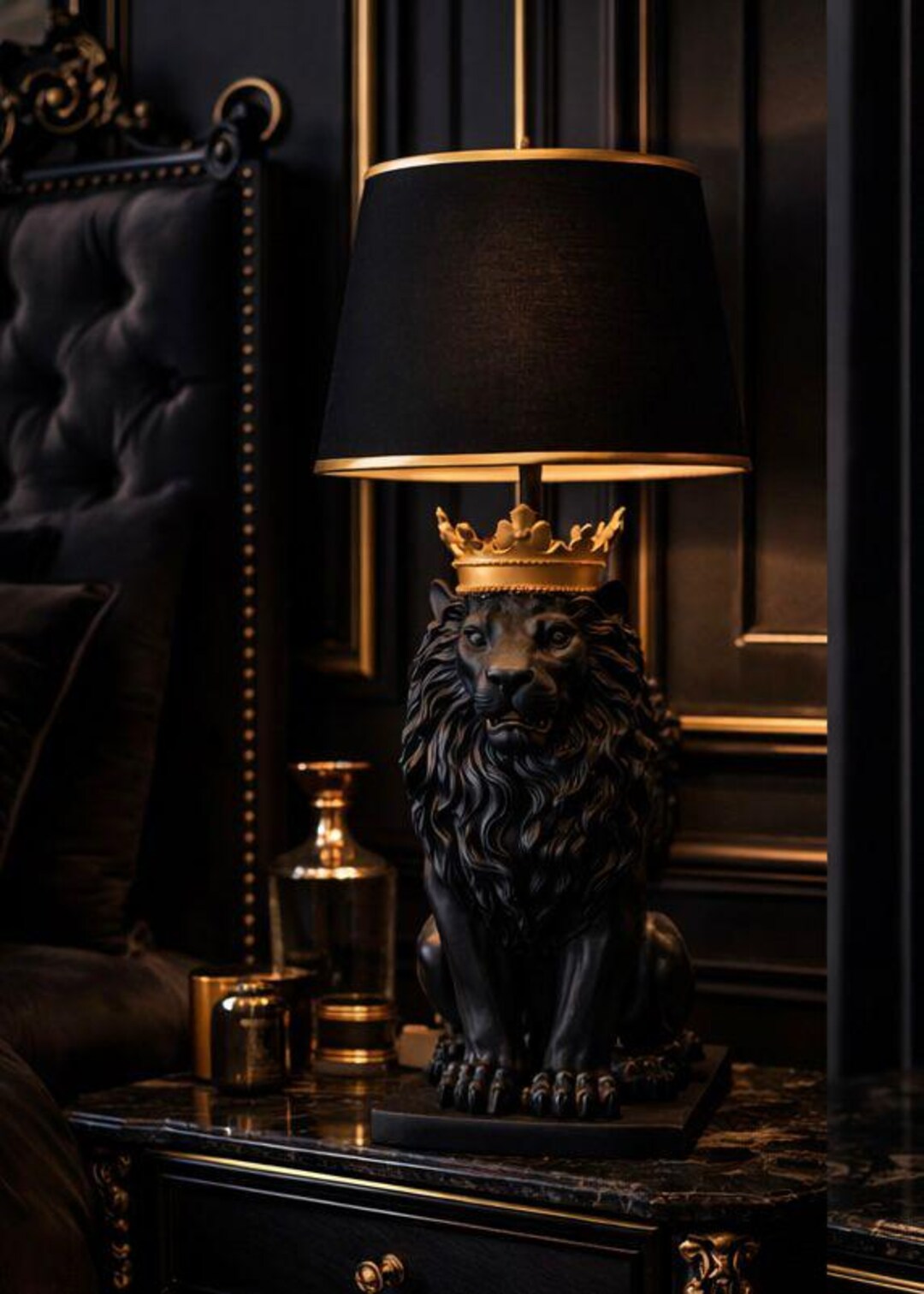 Royal Lion Table Lamp – Black & Gold Luxury Bedside Lamp, Regal King ...