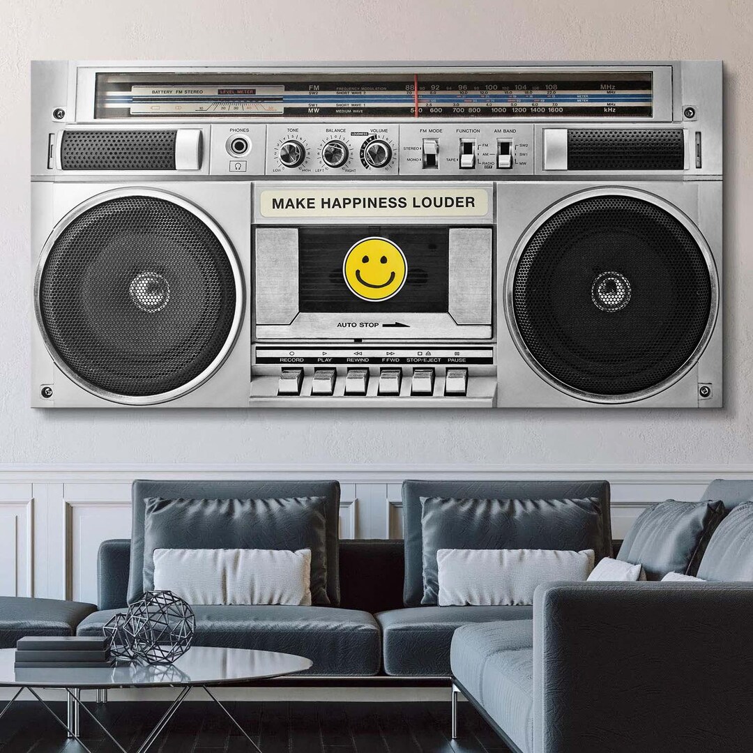 Retro Boombox Wall Art Print Make Happiness Louder Motivational Quote ...