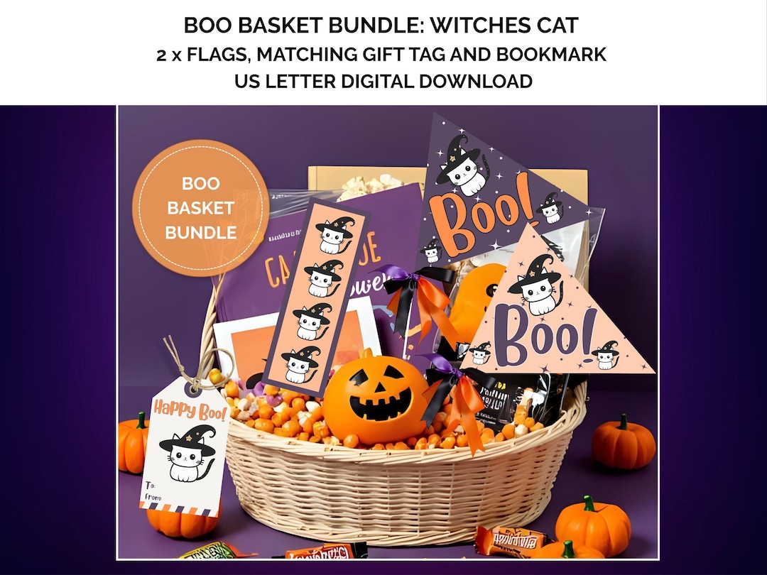 White Witches Cat Halloween Boo Basket Bundle, Bunting, Gift Flags ...