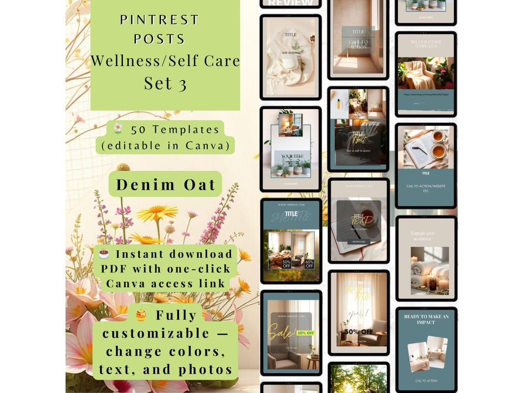 Wellness Self Care Pinterest Template Bundle Canva Set 3 | 50 Editable ...