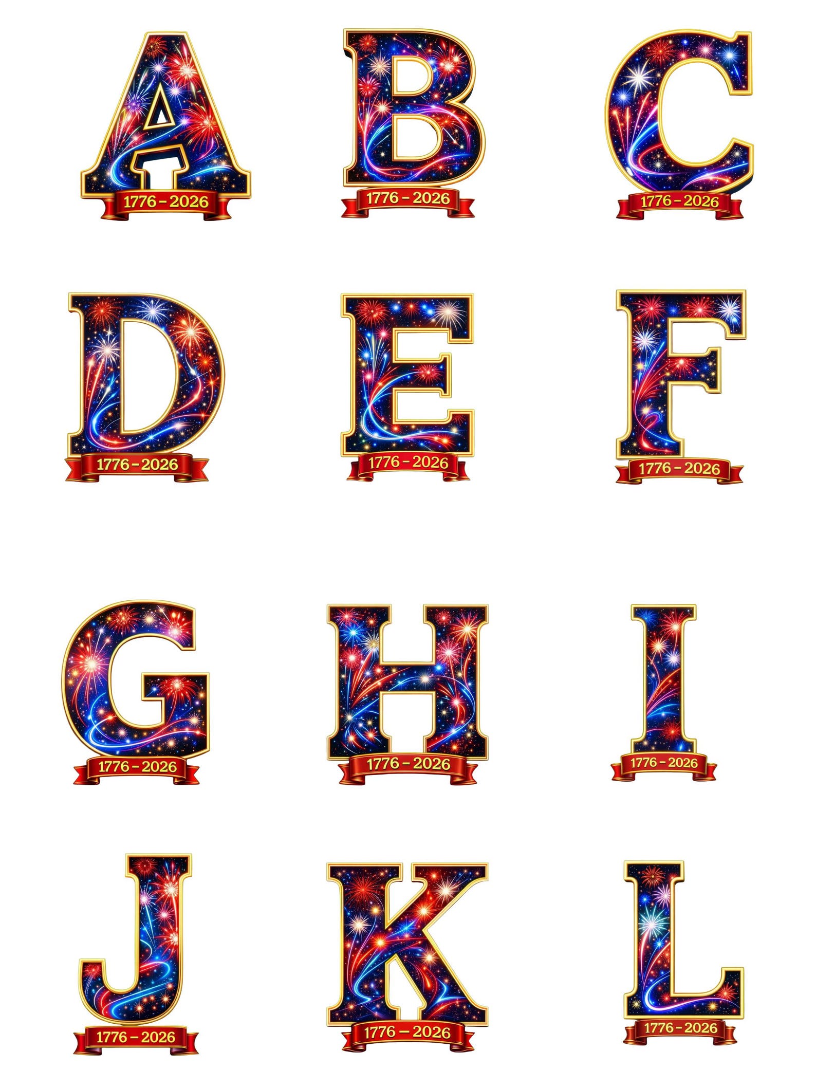 250th Anniversary Fireworks Alphabet Clipart, 4th of July Letter PNG ...