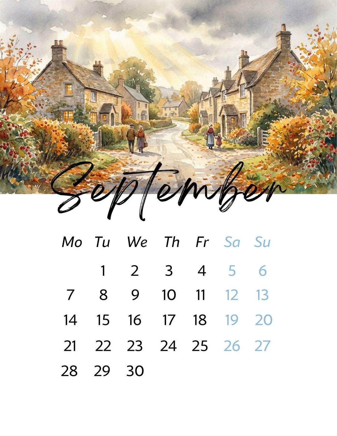 Village Seasons 2026 Printable Calendar - Watercolour Countryside Wall ...