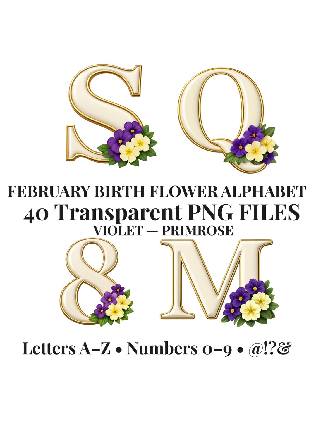 February Birth Flower Alphabet Clipart, Violet & Primrose Floral ...