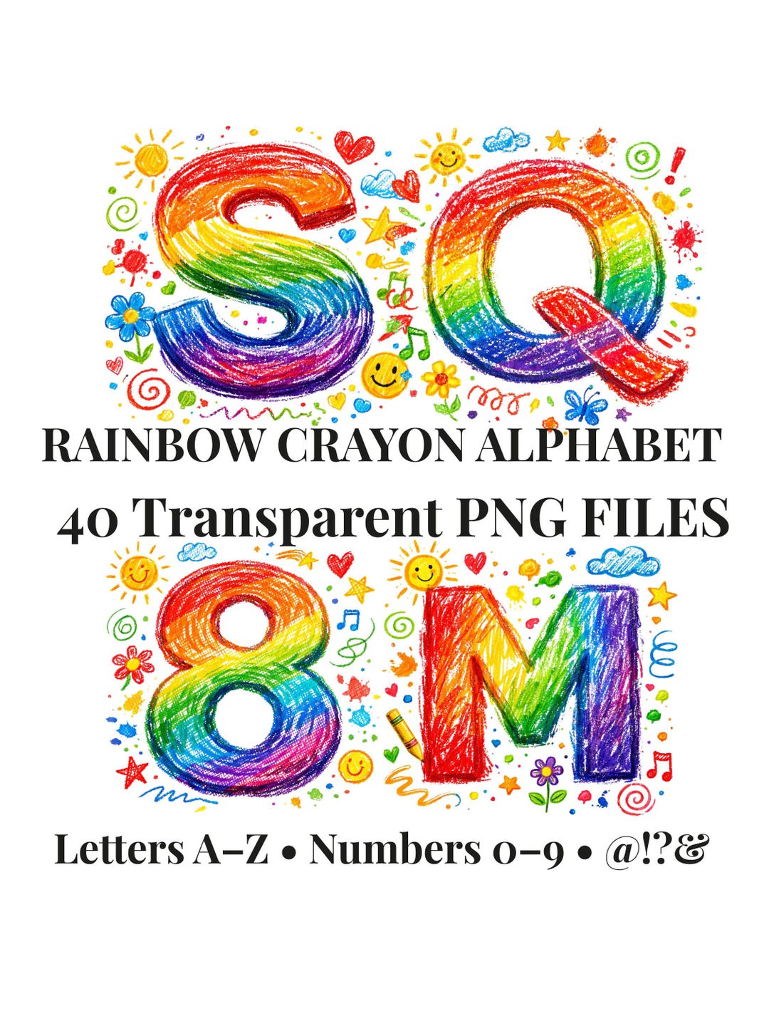 Rainbow Crayon Alphabet PNG, Kids Hand Drawn Letters A-Z 0-9 Symbols ...