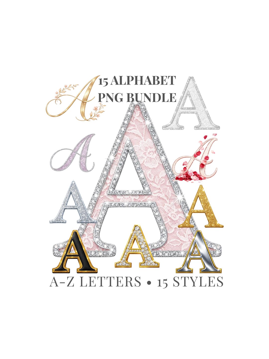 Alphabet PNG Bundle, 15 Alphabet Sets A-Z Letters, Luxury Glitter Lace ...