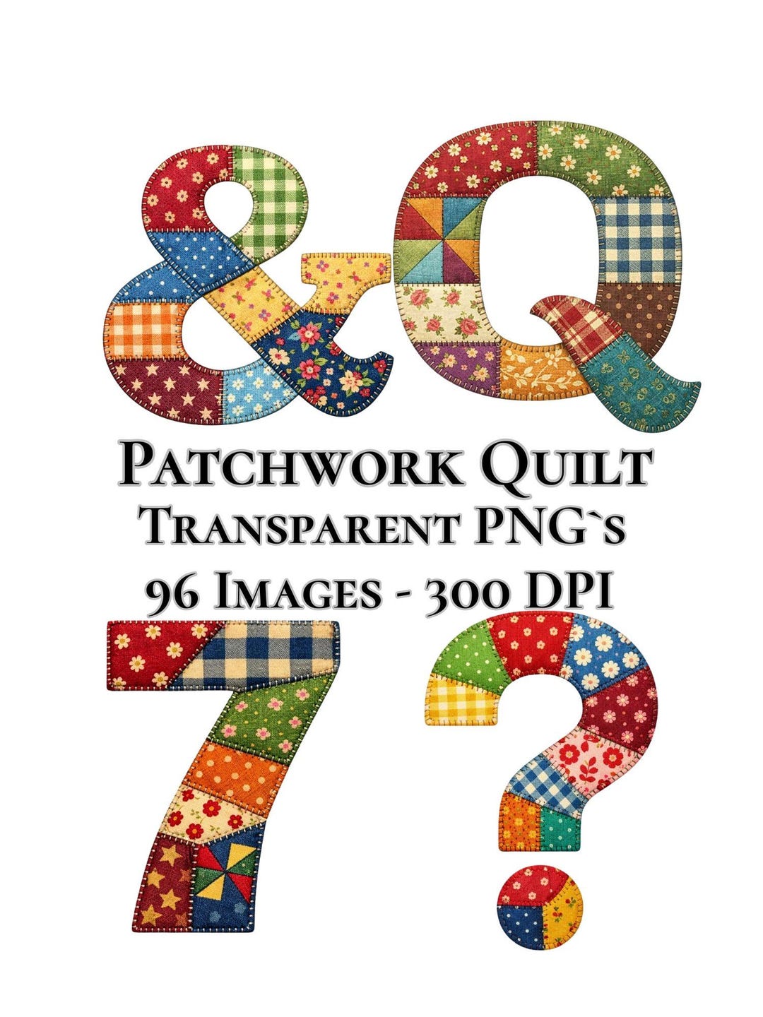 Patchwork Quilt Alphabet Clipart, 96 PNG Letters & Numbers, Uppercase ...