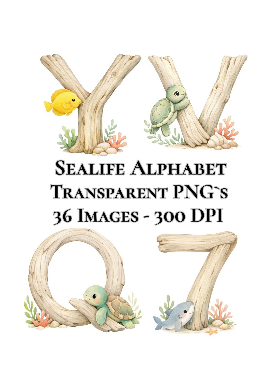 Sea Life Alphabet PNG, Driftwood Letters & Numbers, Ocean Animal ...