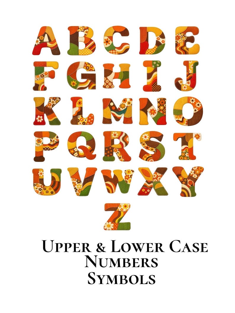 70s Retro Patchwork Alphabet Clipart PNG Groovy Boho Letters Cricut ...