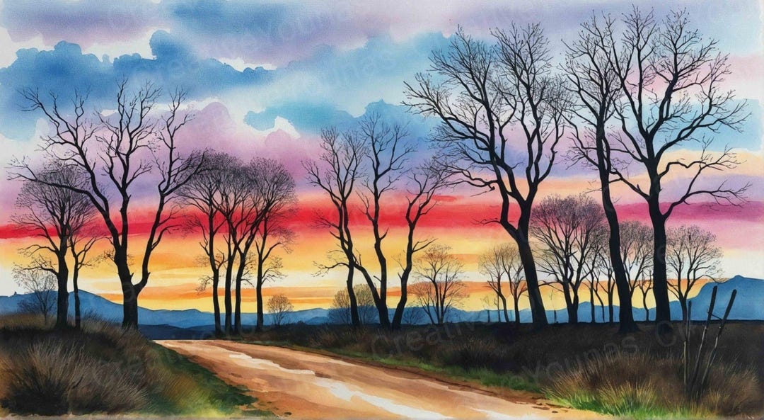 Twilight Sky Watercolor Prints: Sunset Landscape Art (digital Download ...