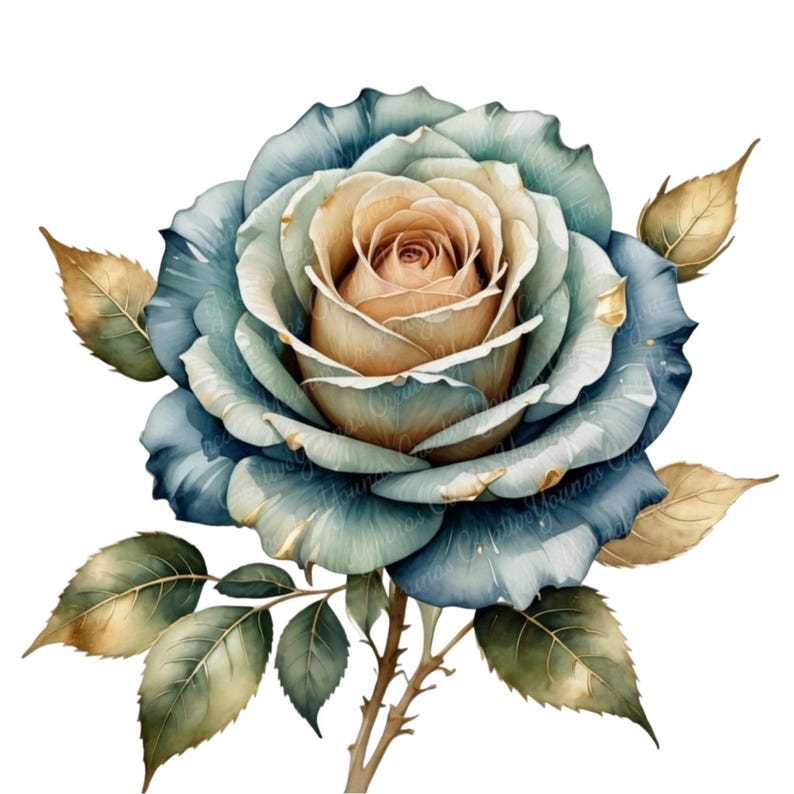 Vintage Watercolor Rose Clipart Set, Blue Beige Floral PNG JPG (digital ...