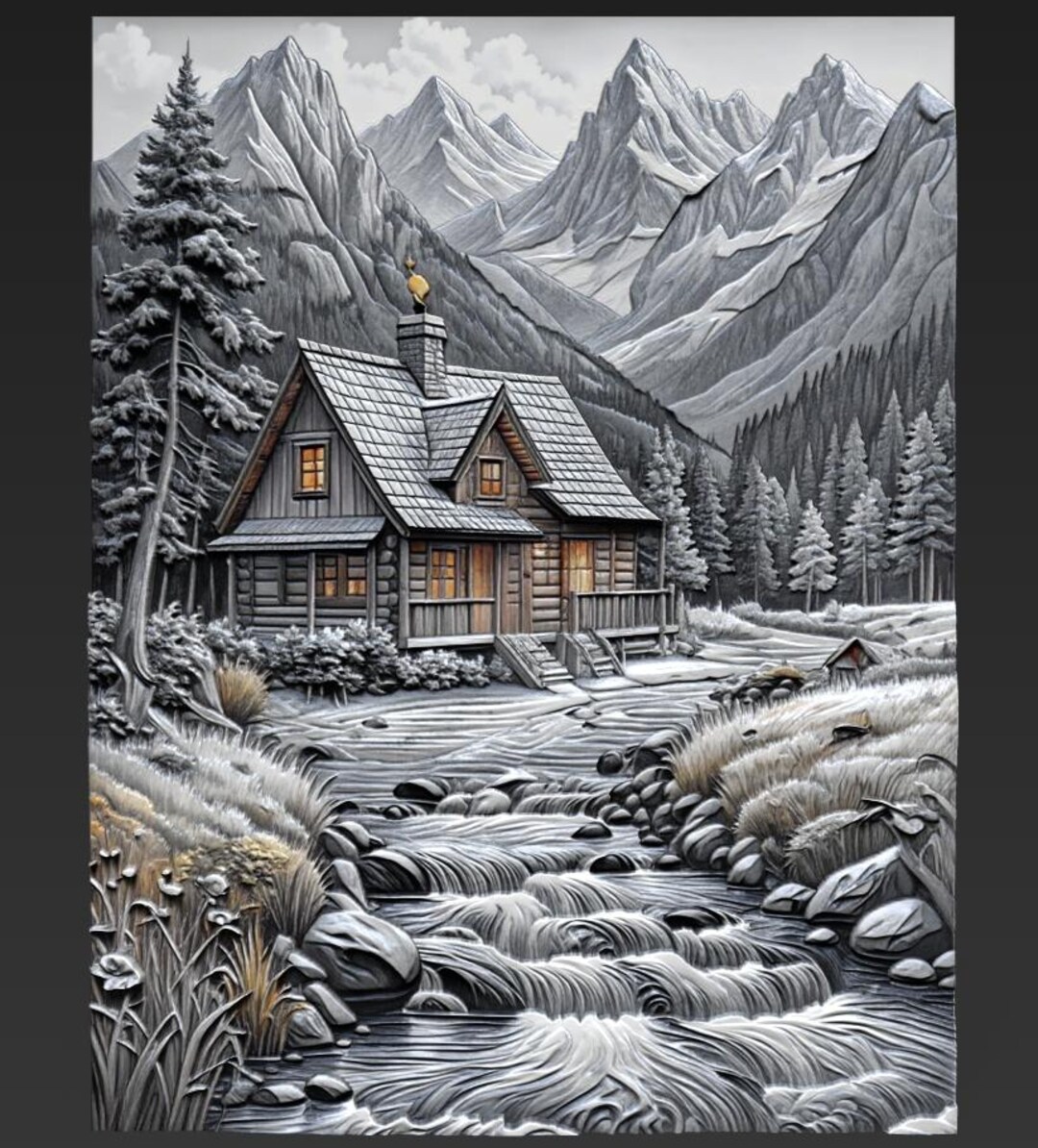 Mountain Cabin 3D Relief Model: Forest Stream Landscape STL OBJ PNG - Etsy