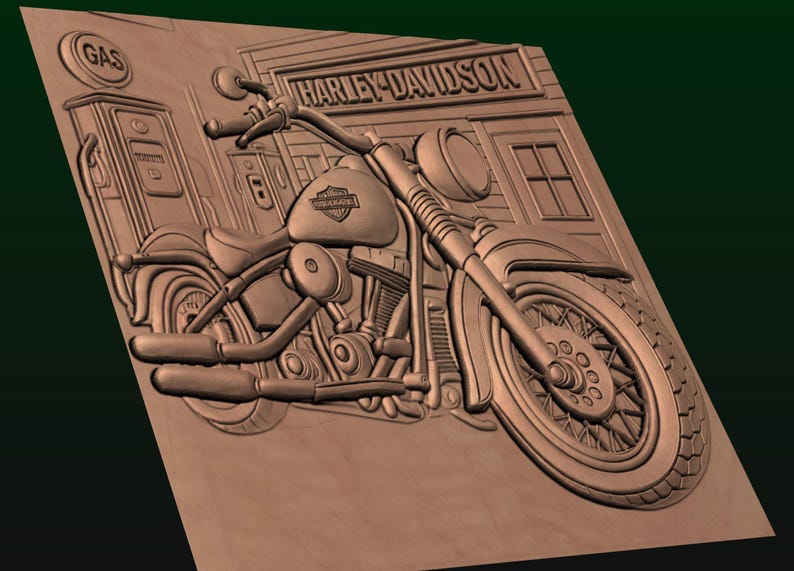 Harley-davidson Motorcycle at Vintage Gas Station – 3D STL Bas-relief ...