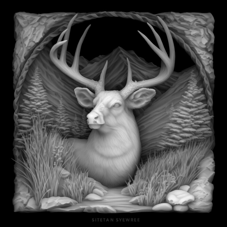Whitetail Buck Deer 3D Relief Model: CNC Carving, 3D Printing Files ...