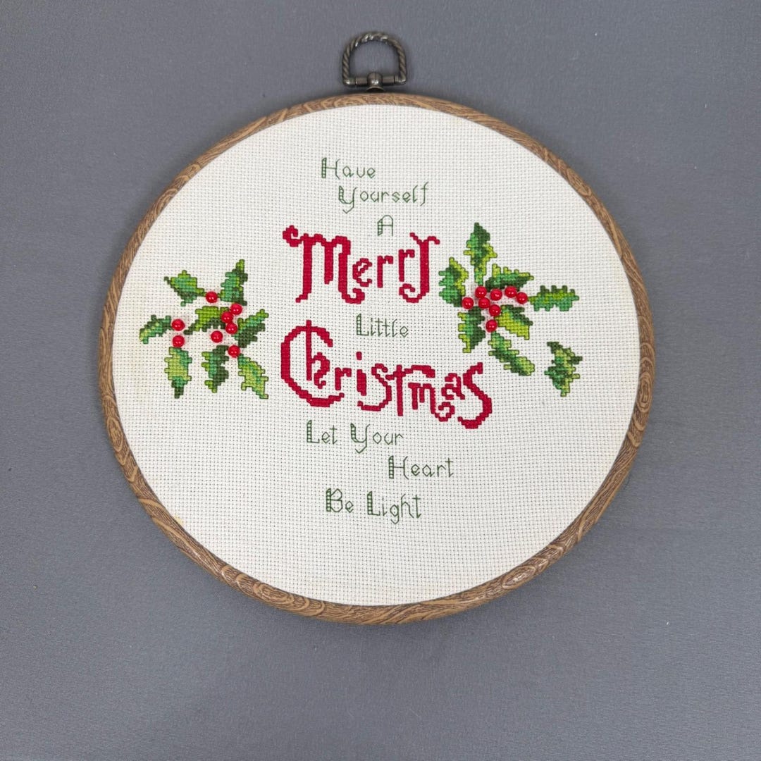 Handmade Cross Stitch Hoop Art Merry Christmas Holly Red Berries Wall ...