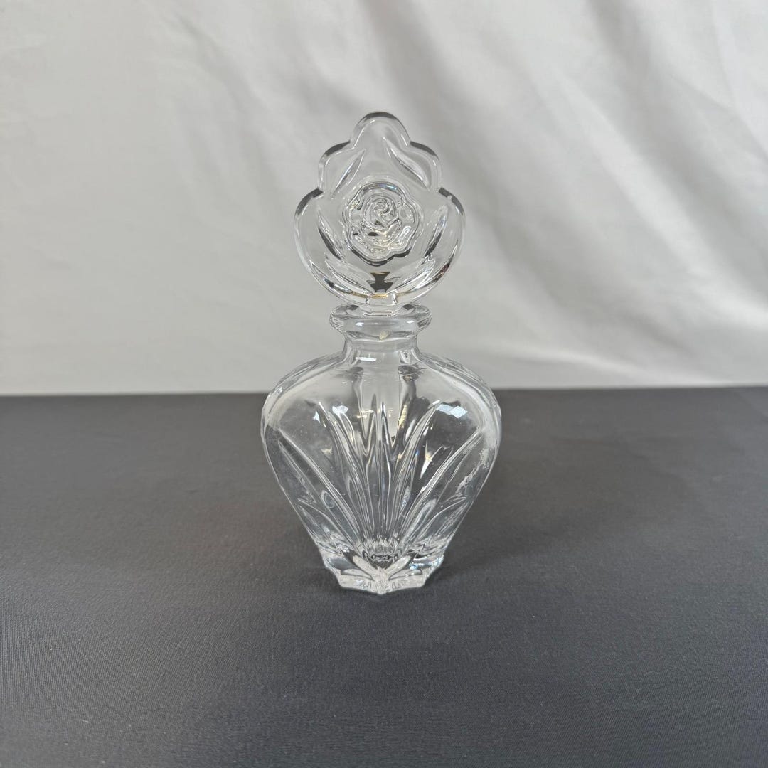 Lead Crystal Cut Glass Perfume Bottle Rose Embossed Stopper Vintage ...
