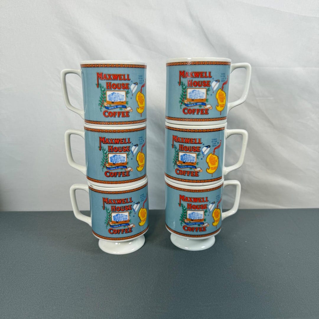 Maxwell House Coffee Mugs Set of 6 Vintage Pedestal Blue 1980s ...