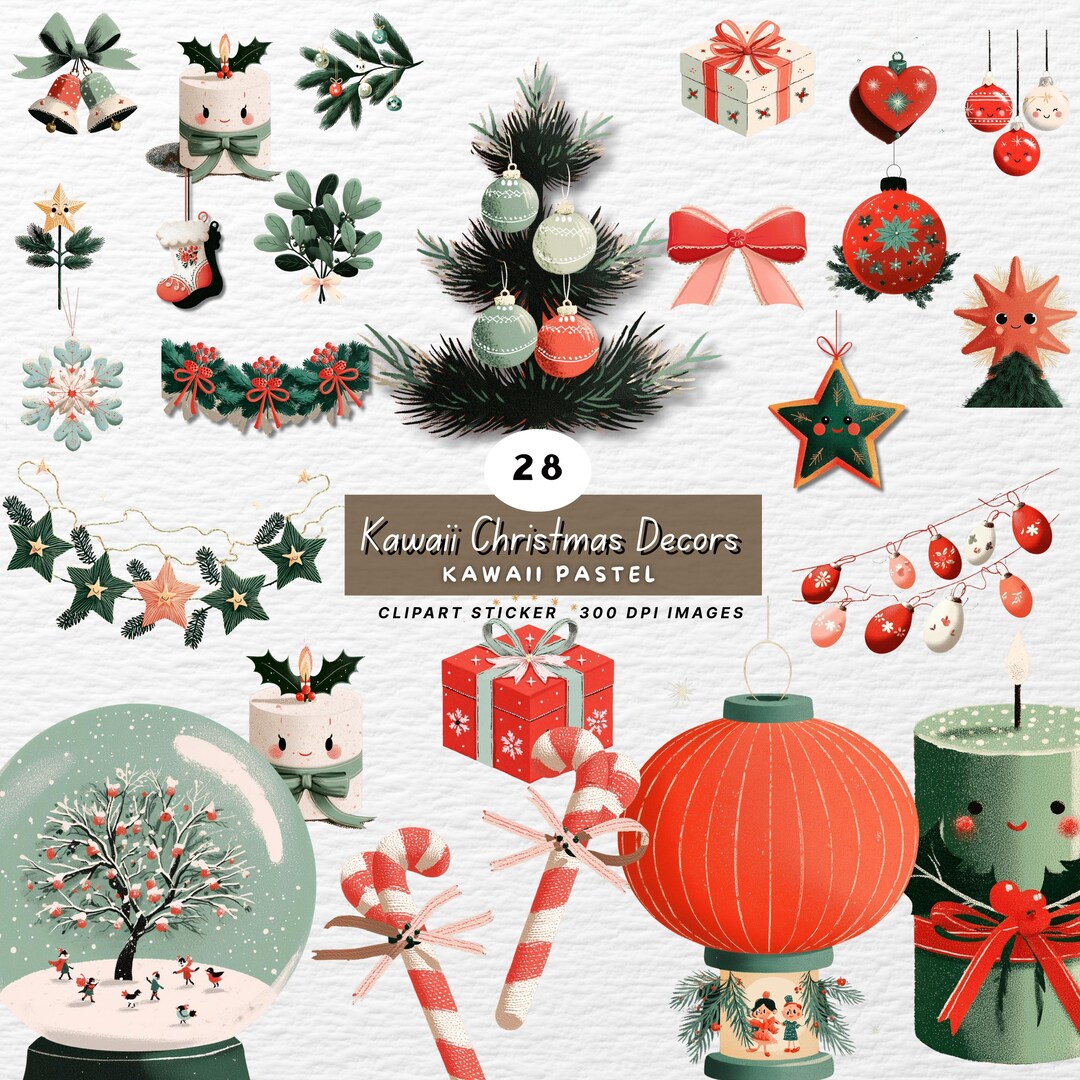 28 Kawaii Christmas Ornaments & Decor Clipart Bundle | PNG Stickers - Etsy