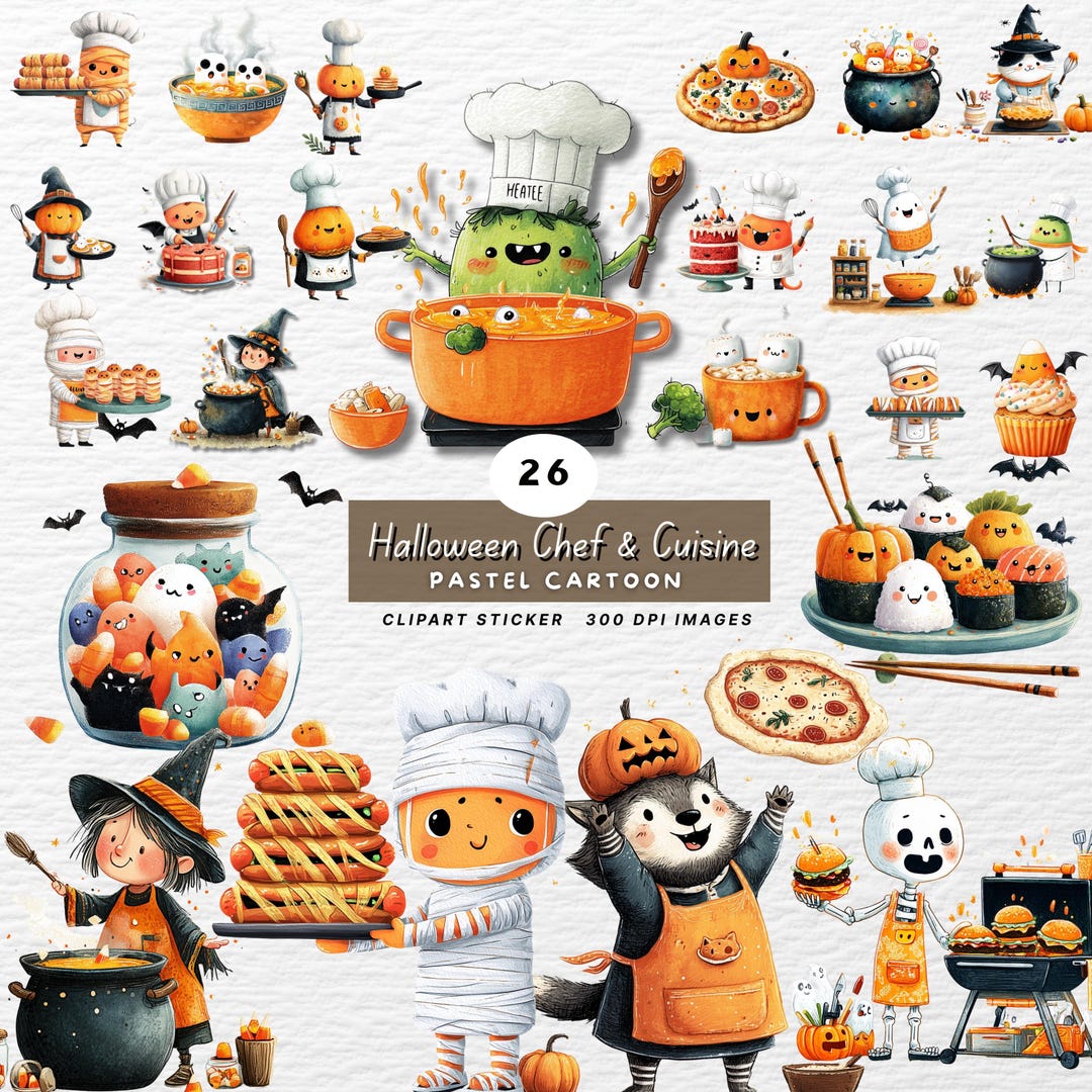 Spooky Halloween Chef Clipart & Sticker Bundle: Scrapbook Graphics (PDF ...