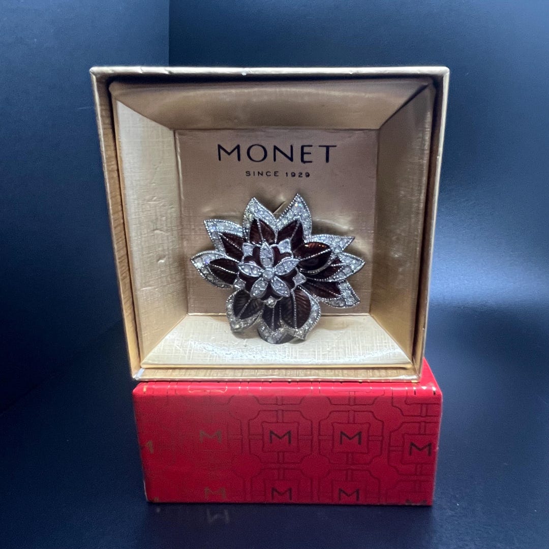 Monet Estate Brooch in Original Box 2.25"maroon Enamel With Clear ...