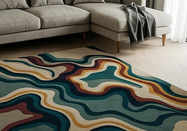 Mid-century Modern Abstract Area Rug | Groovy Retro Wavy Design | Teal ...