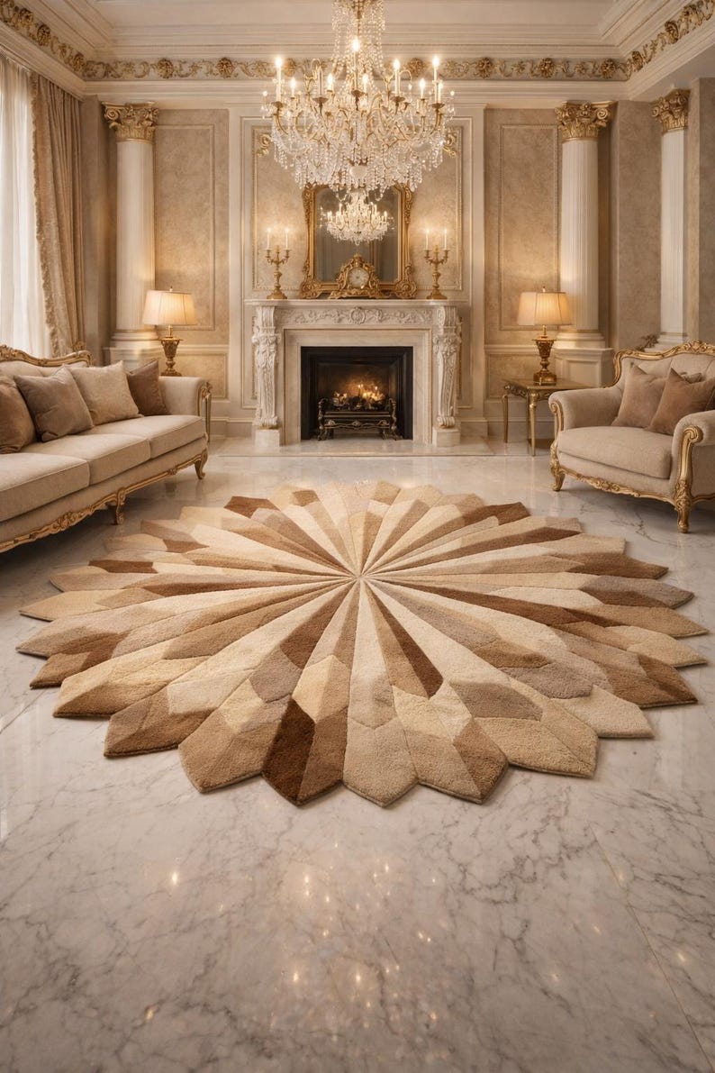 Large Round Sunburst Rug | Cream and Tan Geometric Area Rug | 3D ...