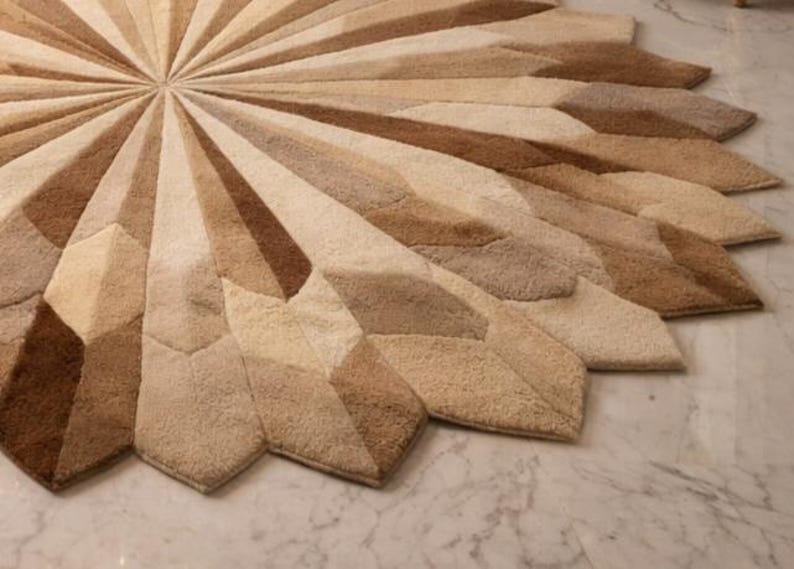 Large Round Sunburst Rug | Cream and Tan Geometric Area Rug | 3D ...