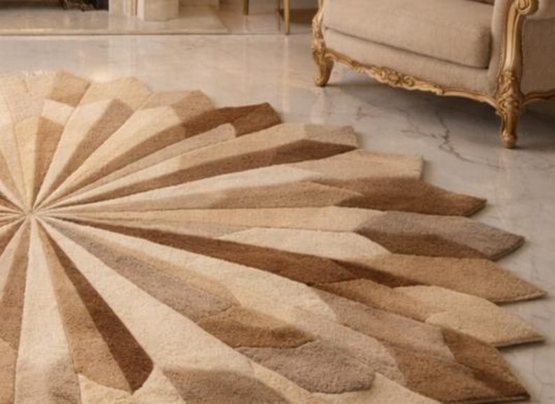 Large Round Sunburst Rug | Cream and Tan Geometric Area Rug | 3D ...