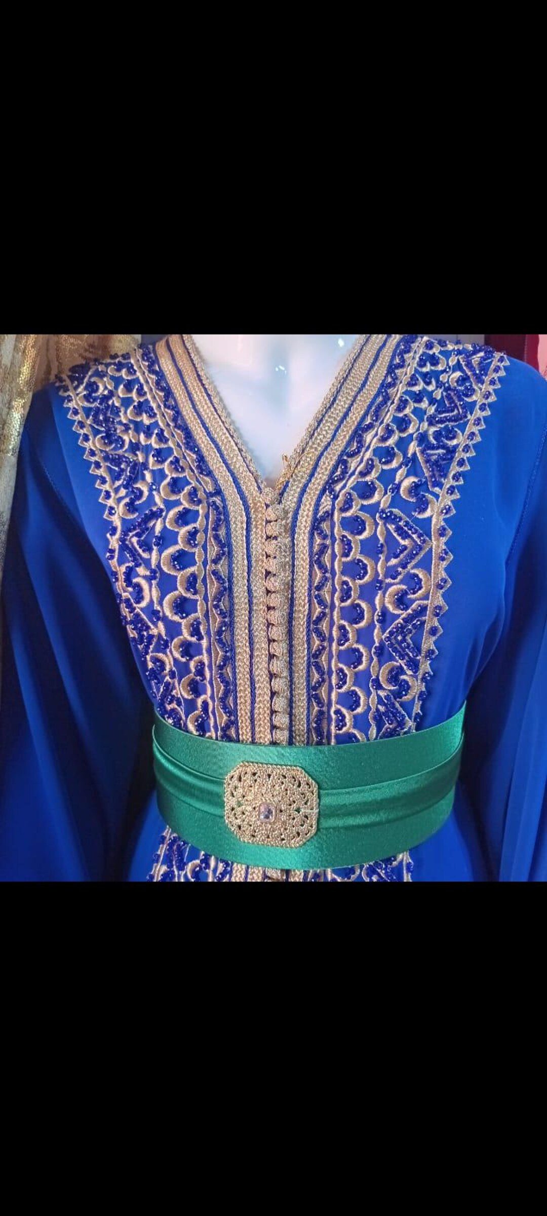 Royal Blue Moroccan Kaftan With Gold Embroidery and Green Belt ...
