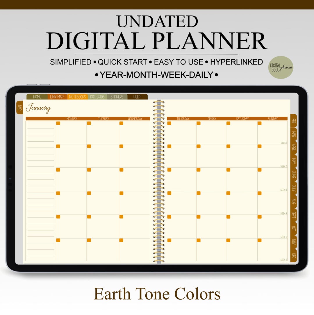 Undated Digital Planner for Goodnotes & Ipad, Month-week-day, Earthy ...