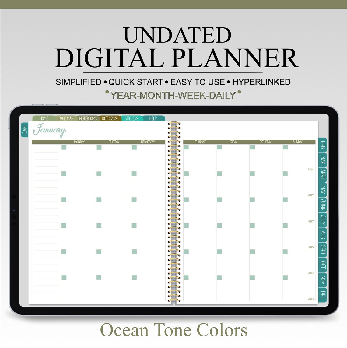 Undated Digital Planner for Goodnotes & Ipad, Month-week-day, Ocean ...