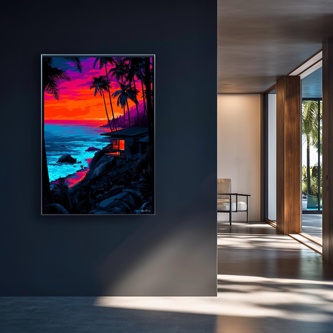 Cliffside Hideaway Tropical Coastal Wall Art Bold Sunset Ocean View ...