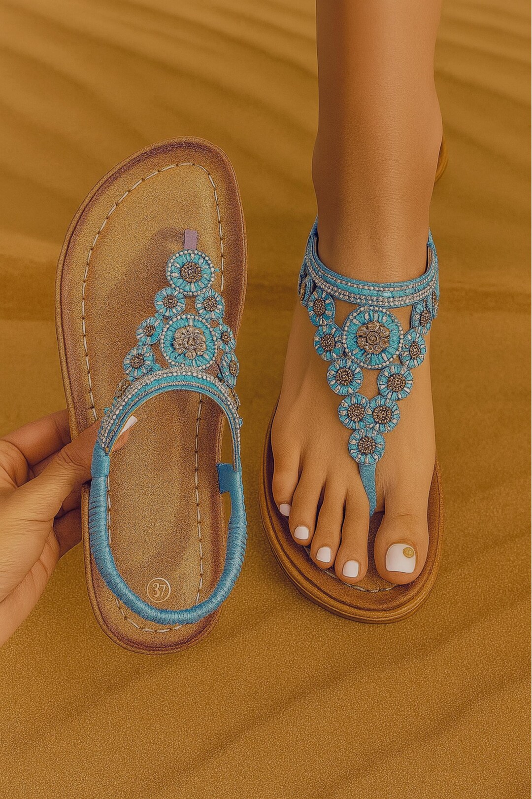Boho Beaded Turquoise Sandals for Women | Handmade Summer Flat Sandals ...