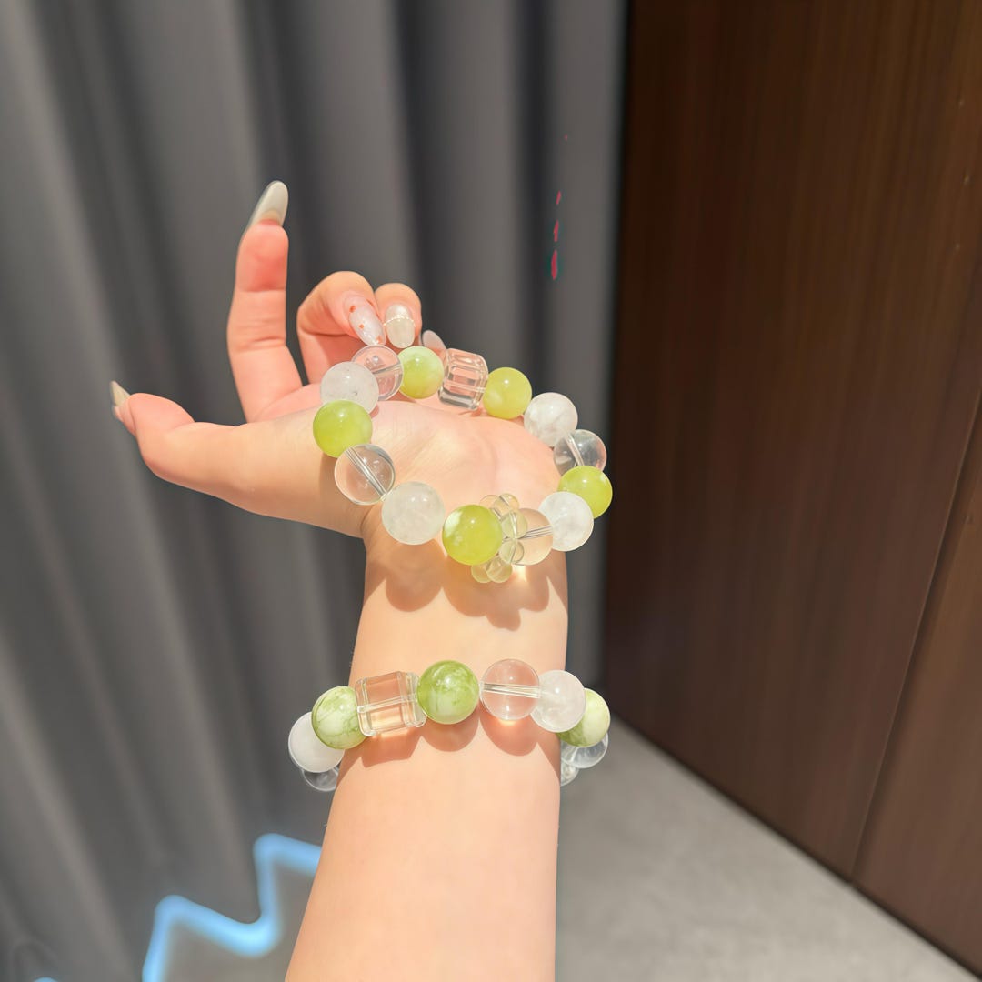 Xiuyan Jade Bracelet, Rock Crystal & White Phantom Quartz, Harmony ...