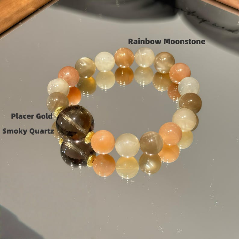 Rainbow Moonstone & Smoky Quartz Bracelet: Placer Gold Accent, Healing ...
