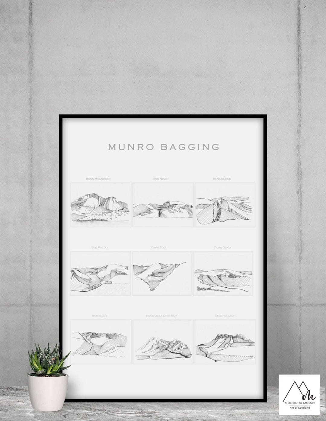 Scottish Munro Challenge Wall Art – Mountain Line Drawing, Bagging ...