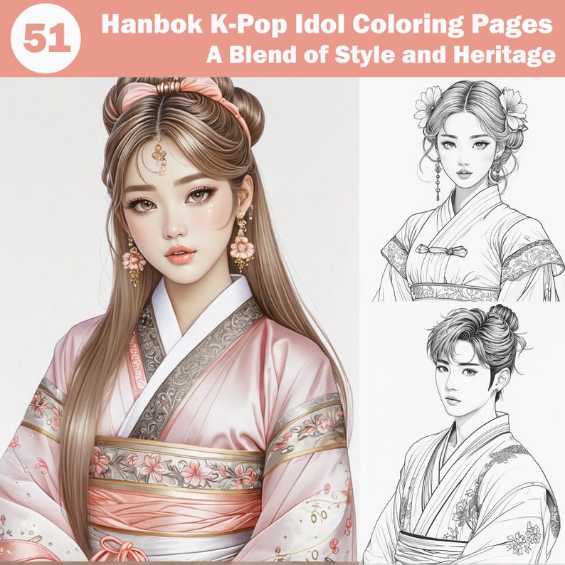Hanbok K-pop Idol Coloring Pages: 51 Korean Fusion Outfits (PDF + PNG ...