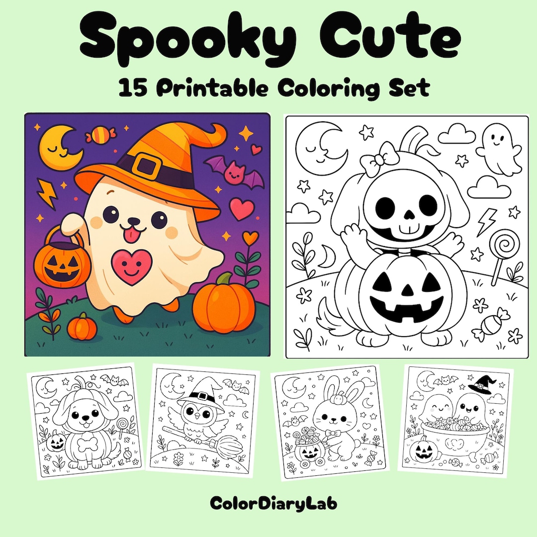 Spooky Cute Halloween Coloring Pages – 15 Printable Sheets | 8.5" X 8.5 ...