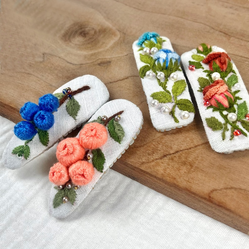 Hand Embroidered Floral Linen Hair Clip, French Embroidered Snap ...