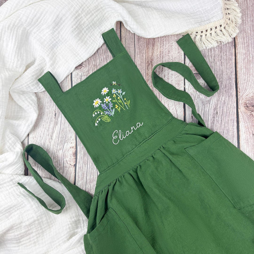 Personalized Hand Embroidered Kids Apron, Cotton Linen Floral Apron ...